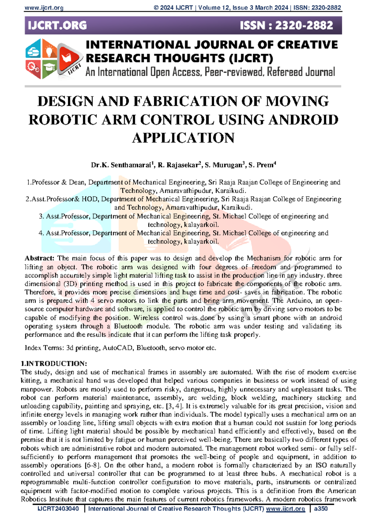Ijcrt 2403040 - Talking robot - DESIGN AND FABRICATION OF MOVING ROBOTIC ARM CONTROL USING ...