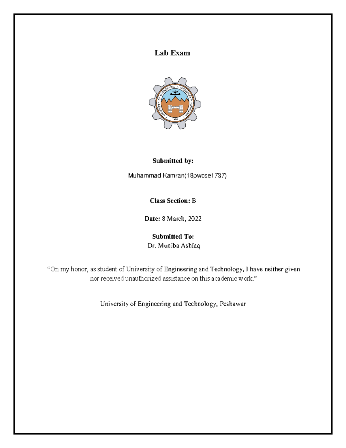Lab Exam(18pwcse 1737) - Lab Exam Submitted by: Muhammad Kamran(18pwcse1737) Class Section: B ...
