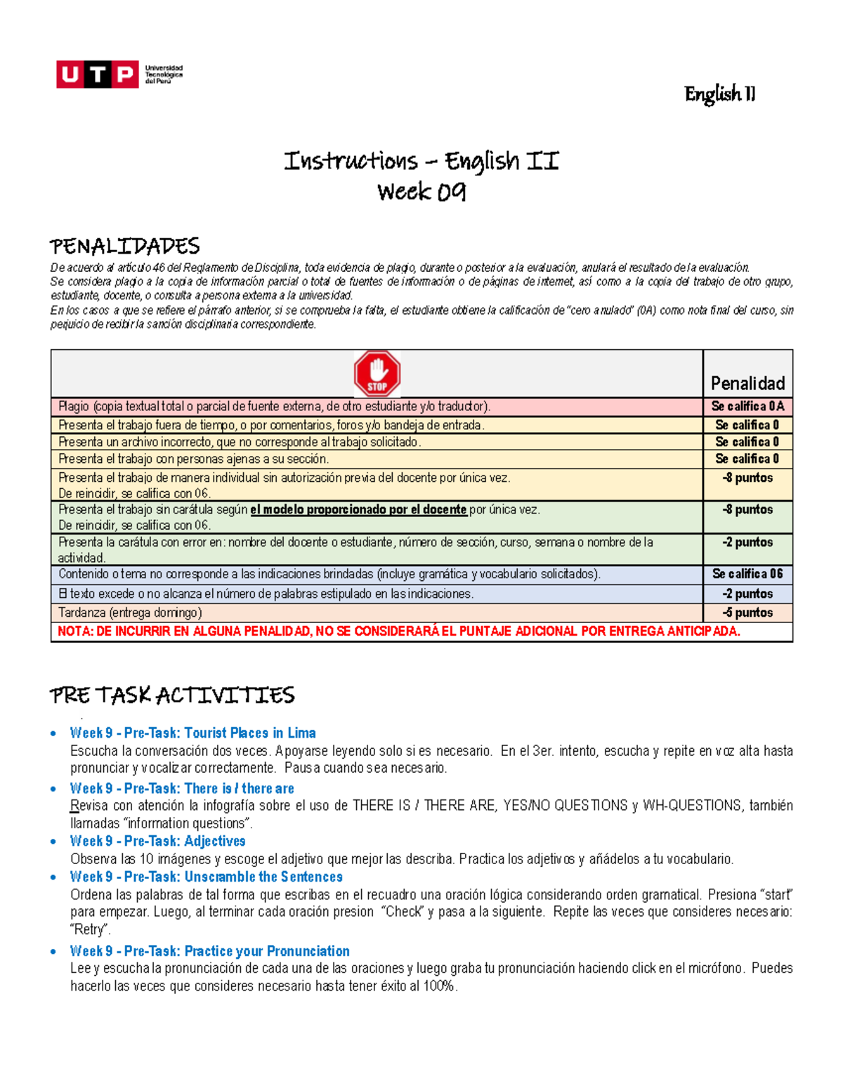 Week 09 - Indicaciones en español para el alumno - Inglés 2 - English ...