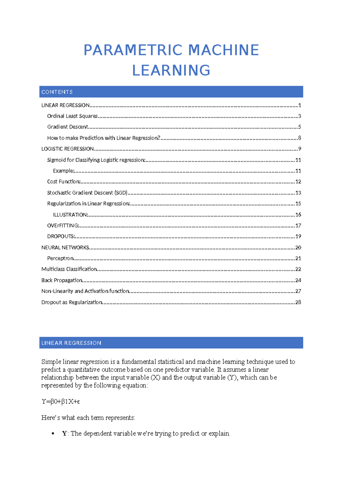 Parametric Machine Learning - PARAMETRIC MACHINE LEARNING CONTENTS LINEAR - Studocu