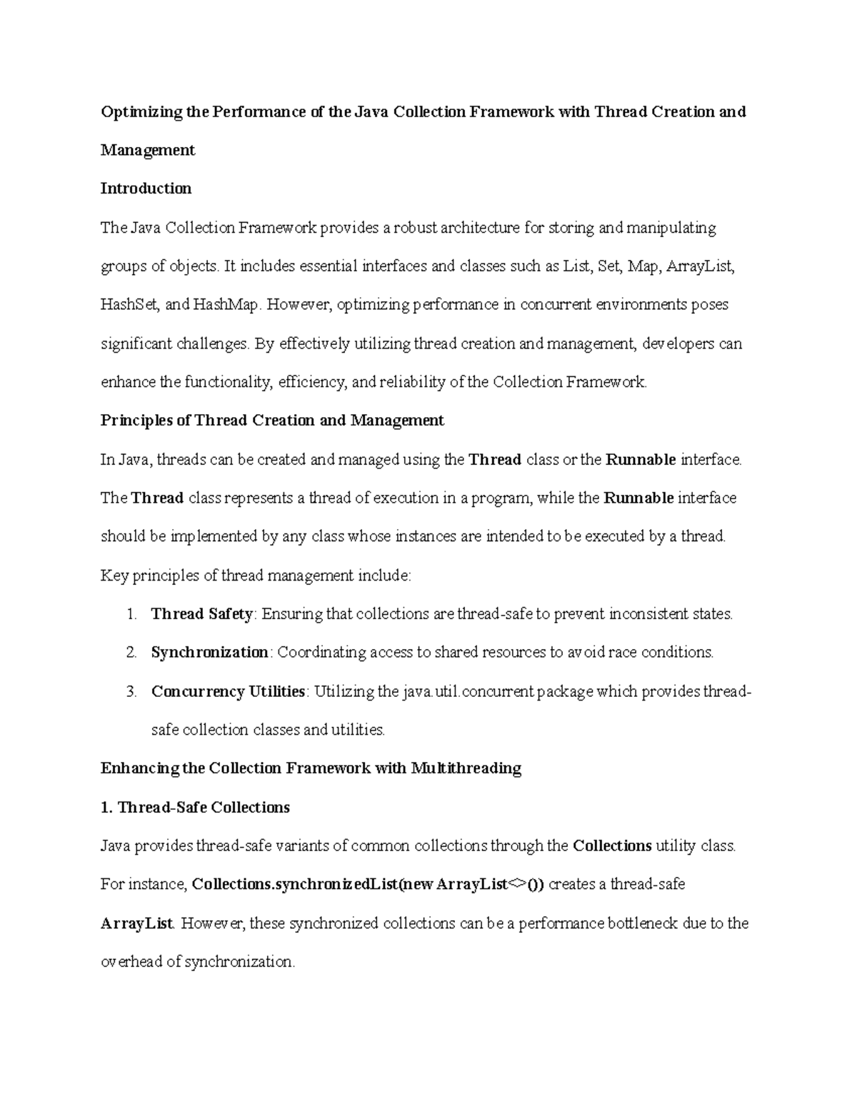 Optimizing the Performance of the Java Collection Framework with Thread Creation and Management ...