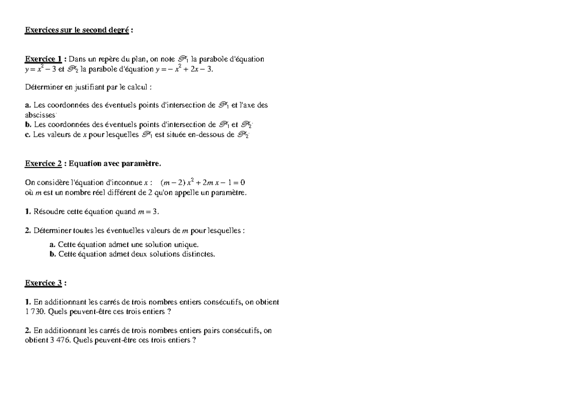 04 Exercices second degre - Exercices sur le second degré : Exercice 1 ...