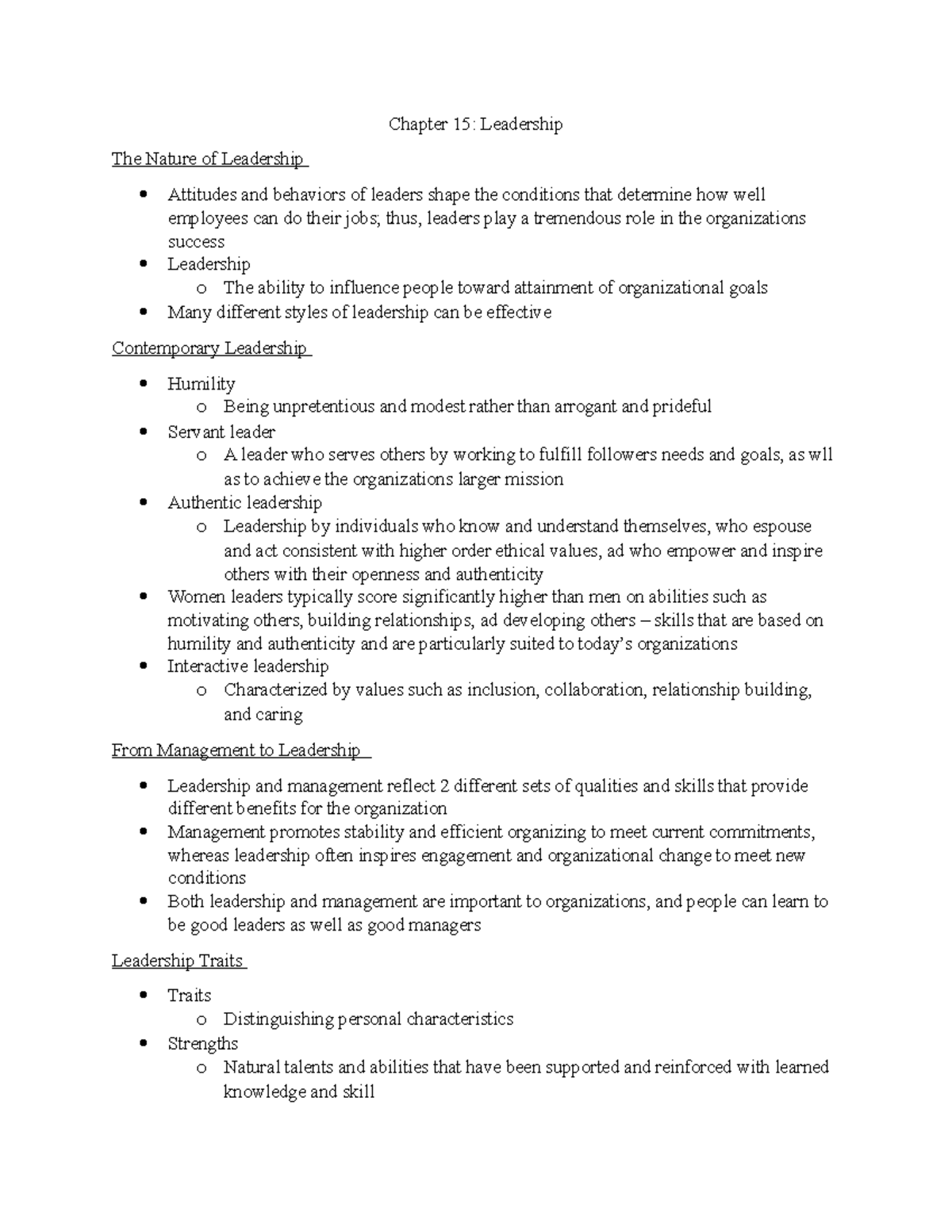 Chapter 15 Notes - Chapter 15: Leadership The Nature of Leadership ...