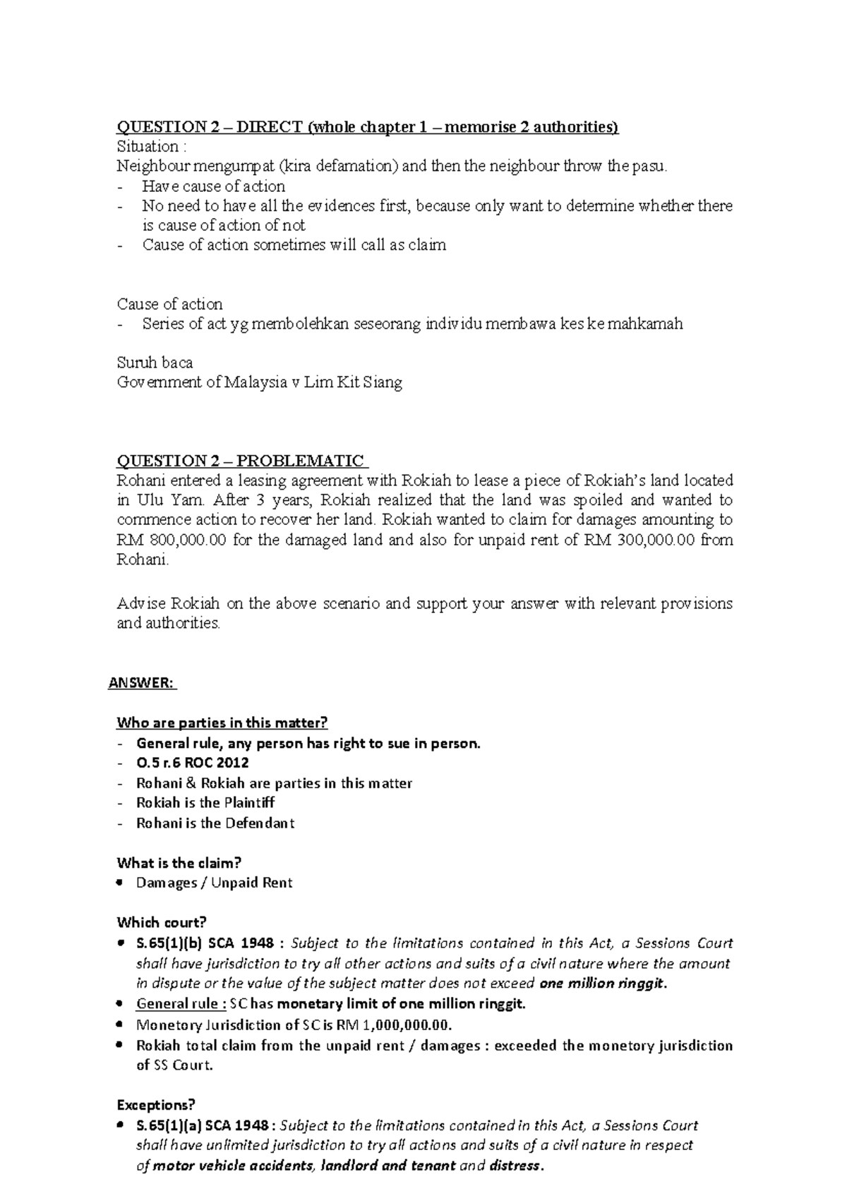 Tutorial 2 Answers - QUESTION 2 – DIRECT (whole chapter 1 – memorise 2 ...