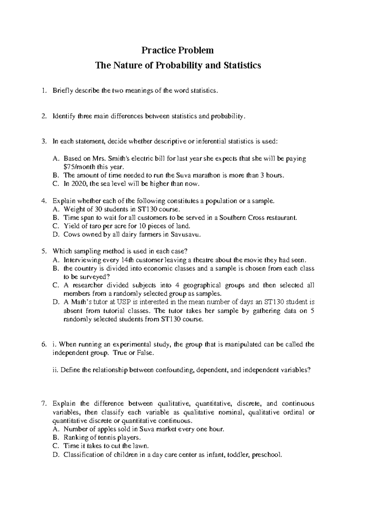 Practice Problems 1( Nature of prob and stat) - Practice Problem The ...
