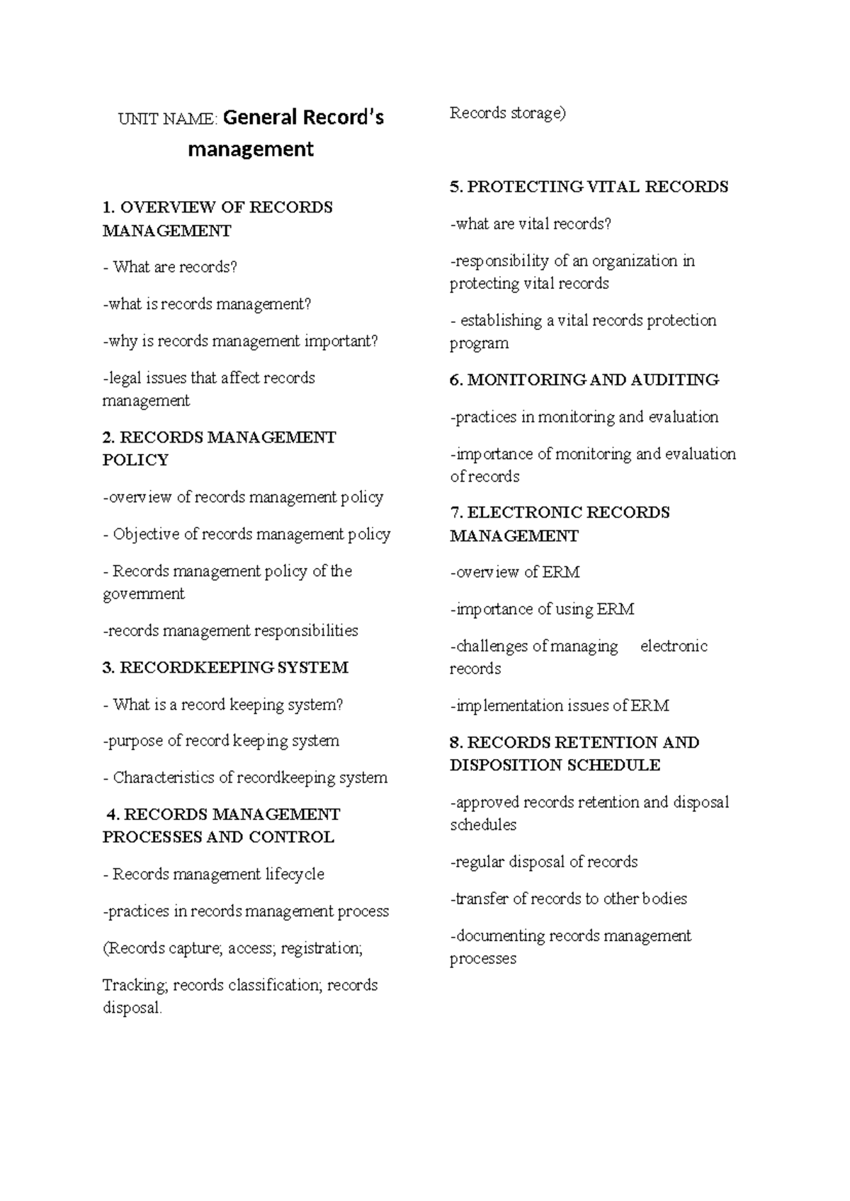 GRM - Outline of general records management. - UNIT NAME: General ...