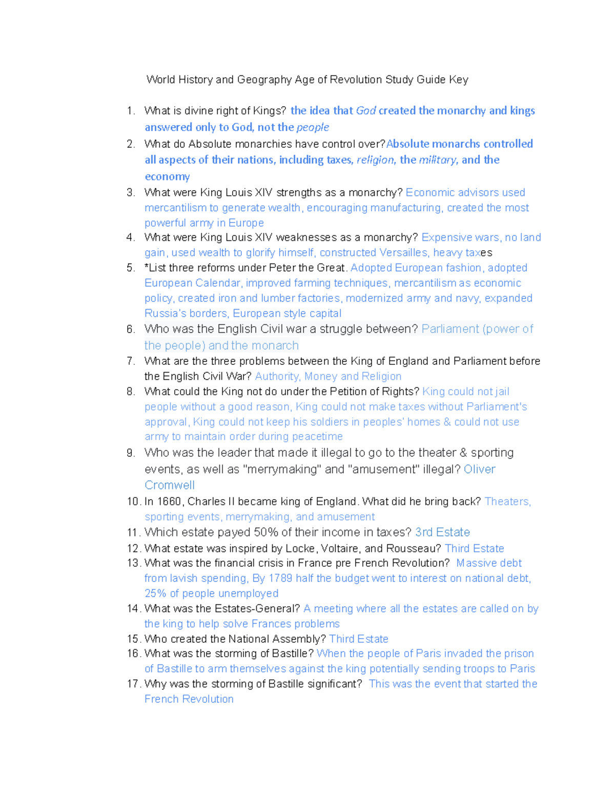 World History and Geography Age of Revolution Study Guide Key - What is ...