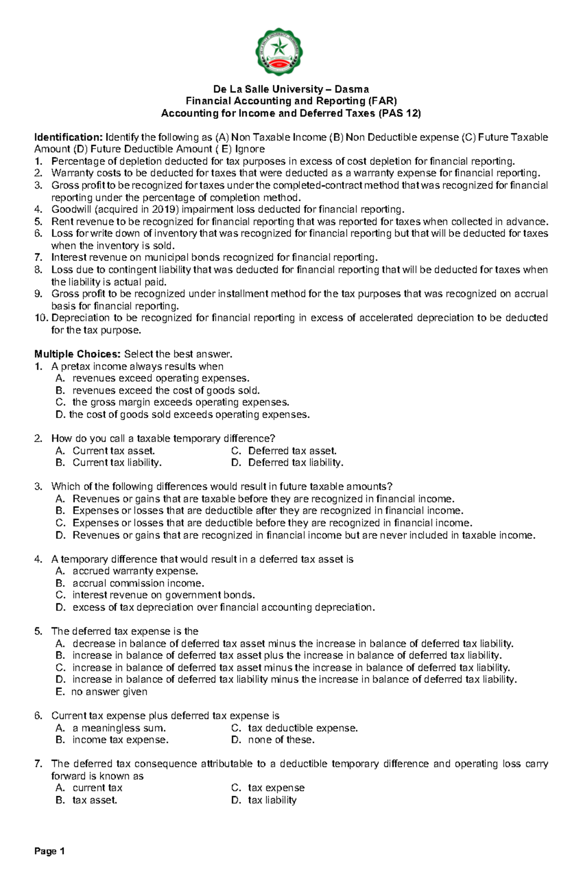 Accounting for Income Tax DLSU Dasma - De La Salle University – Dasma ...