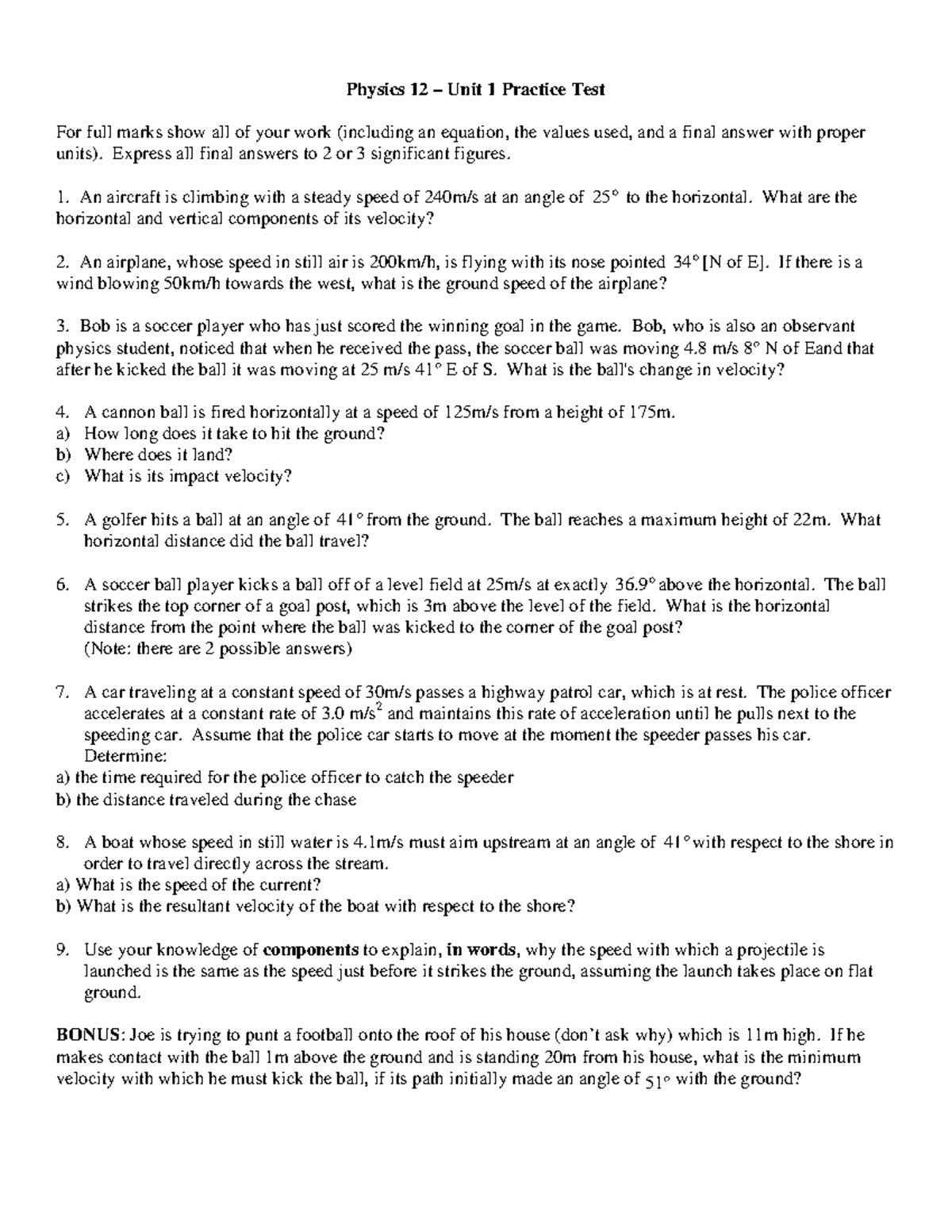 Unit1Practice Test - Physics 12 – Unit 1 Practice Test For full marks ...