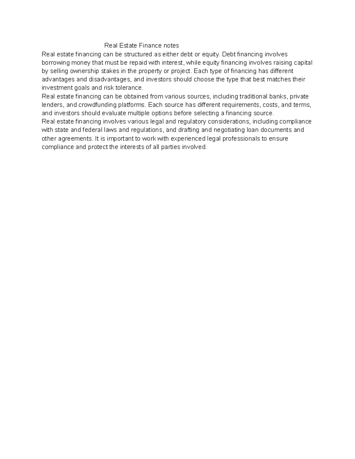 Real Estate Finance notes 4 - Real Estate Finance notes Real estate ...