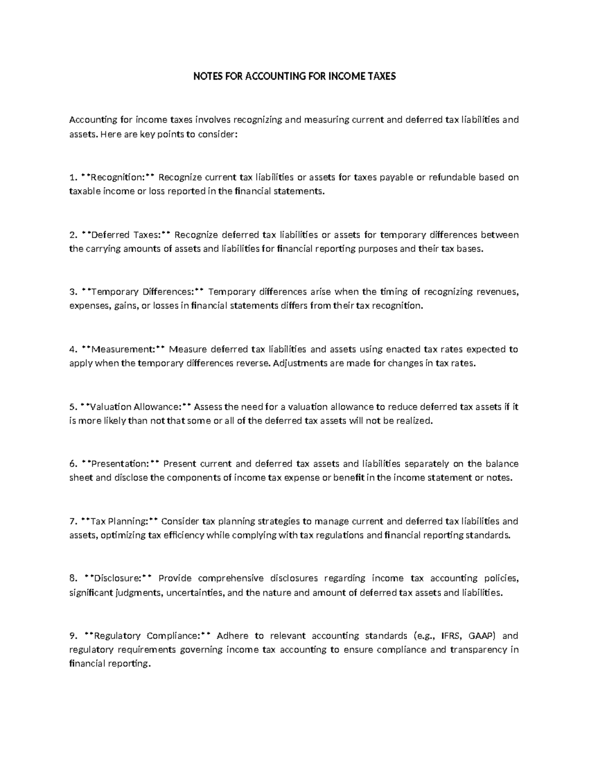 Notes FOR Accounting FOR Income Taxes - NOTES FOR ACCOUNTING FOR INCOME ...