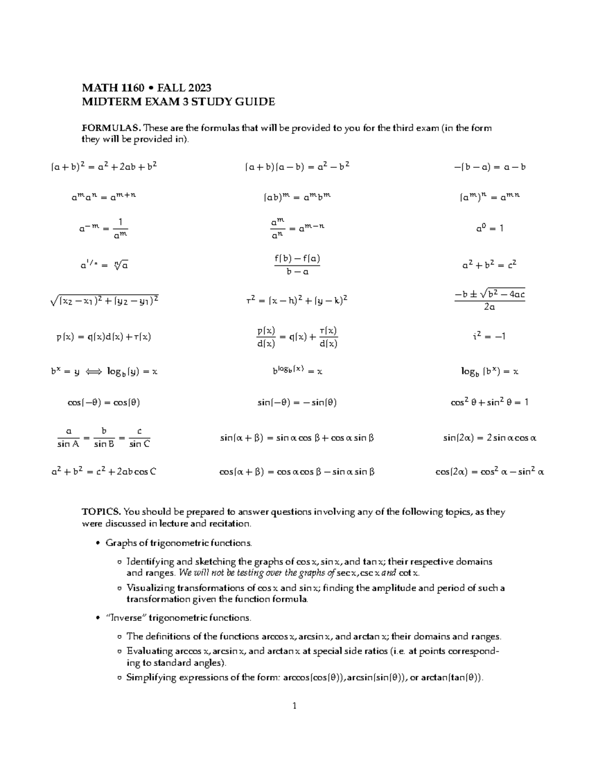 Exam 3 Study Guide - ... - MATH 1160 • FALL 2023 MIDTERM EXAM 3 STUDY GUIDE FORMULAS. These are ...
