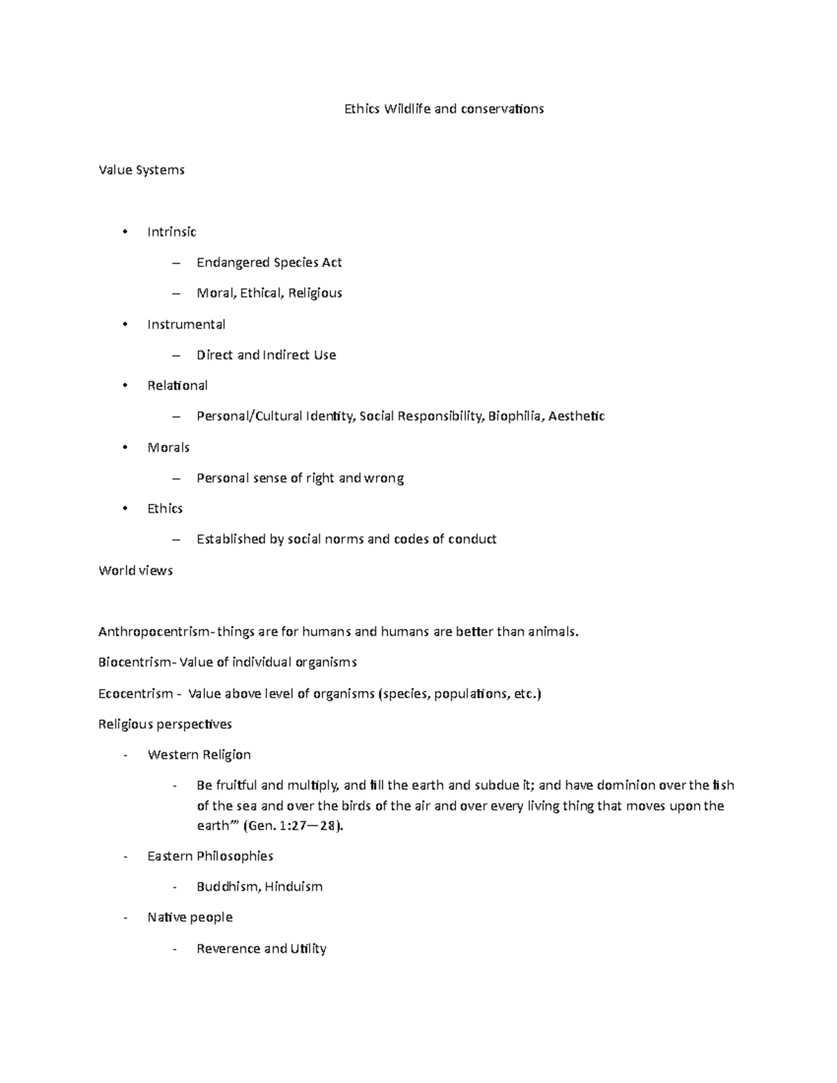 Ethics - lecture notes - Ethics Wildlife and conserva琀椀ons Value ...
