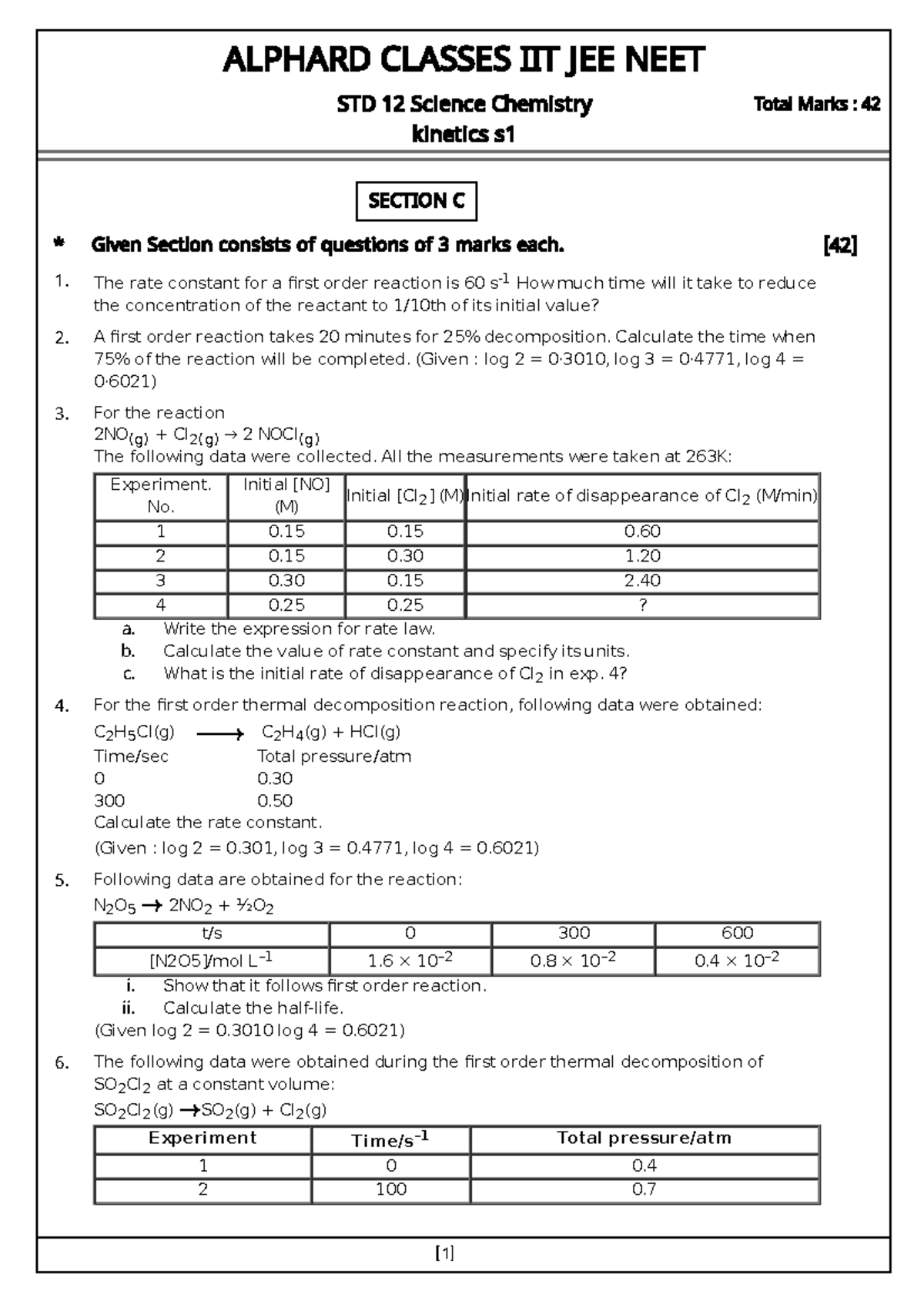 Kinetics s1 - Chemistry - * Given Section consists of questions of 3 ...