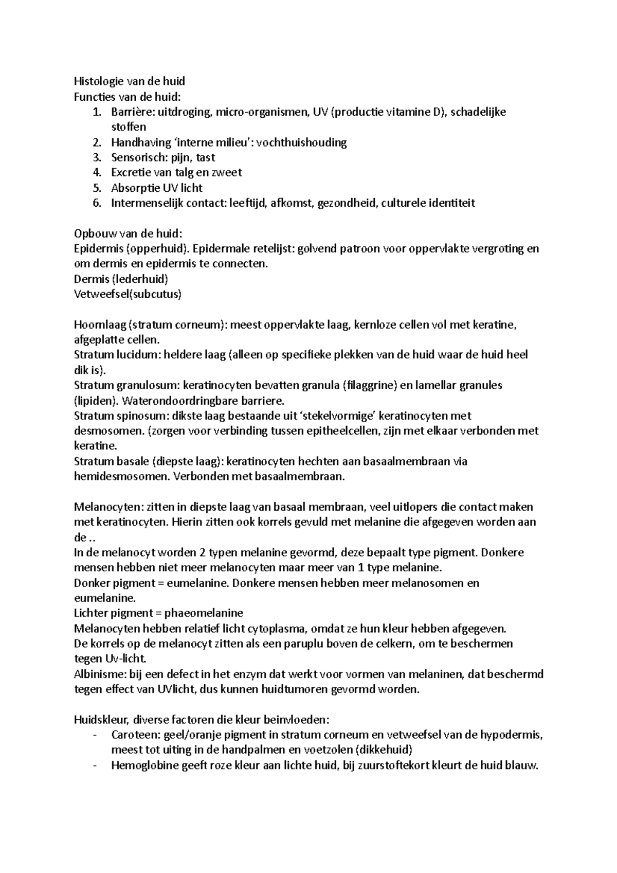 HC histologie van de huid - Histologie van de huid Funcies van de huid ...