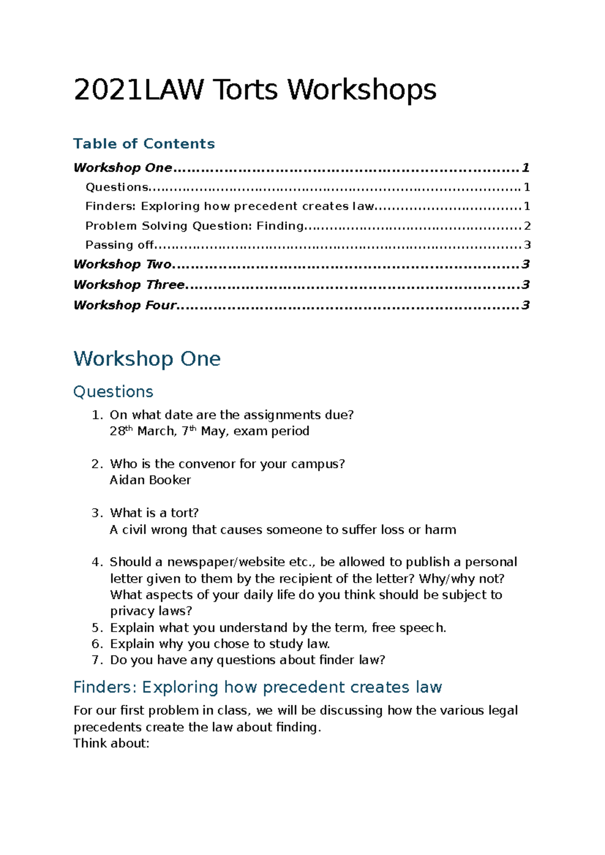 2021LAW Torts Workshops - 2021LAW Torts Workshops Table of Contents Workshop - Studocu