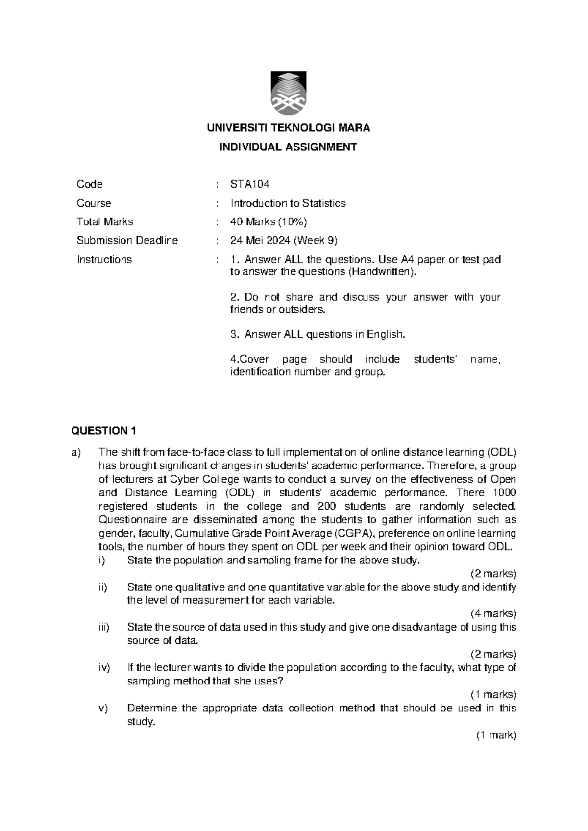 Assignment STA104 - UNIVERSITI TEKNOLOGI MARA INDIVIDUAL ASSIGNMENT Code : STA Course ...