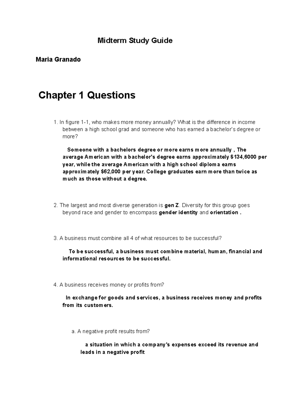 Midterm Study Guide - Midterm Study Guide Maria Granado Chapter 1 ...