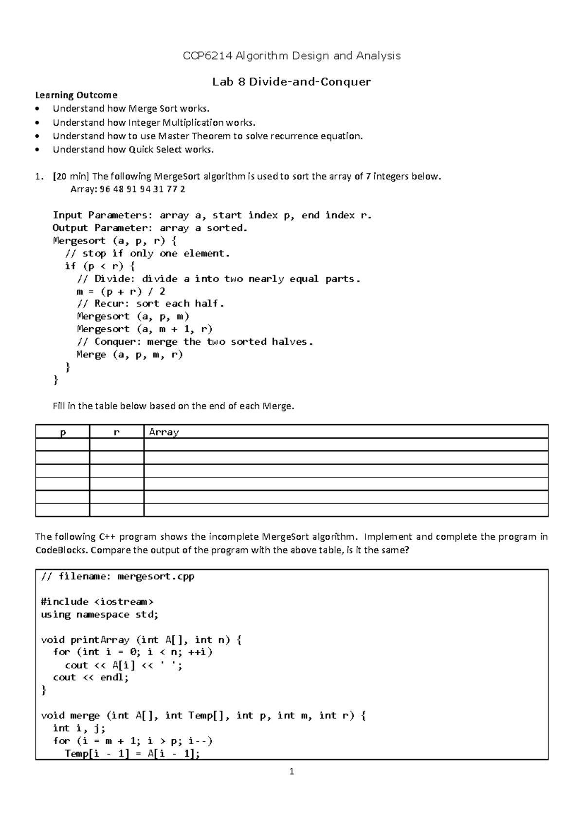 Lab08 Divide And Conquer 1 Ccp6214 Algorithm Design And Analysis Lab