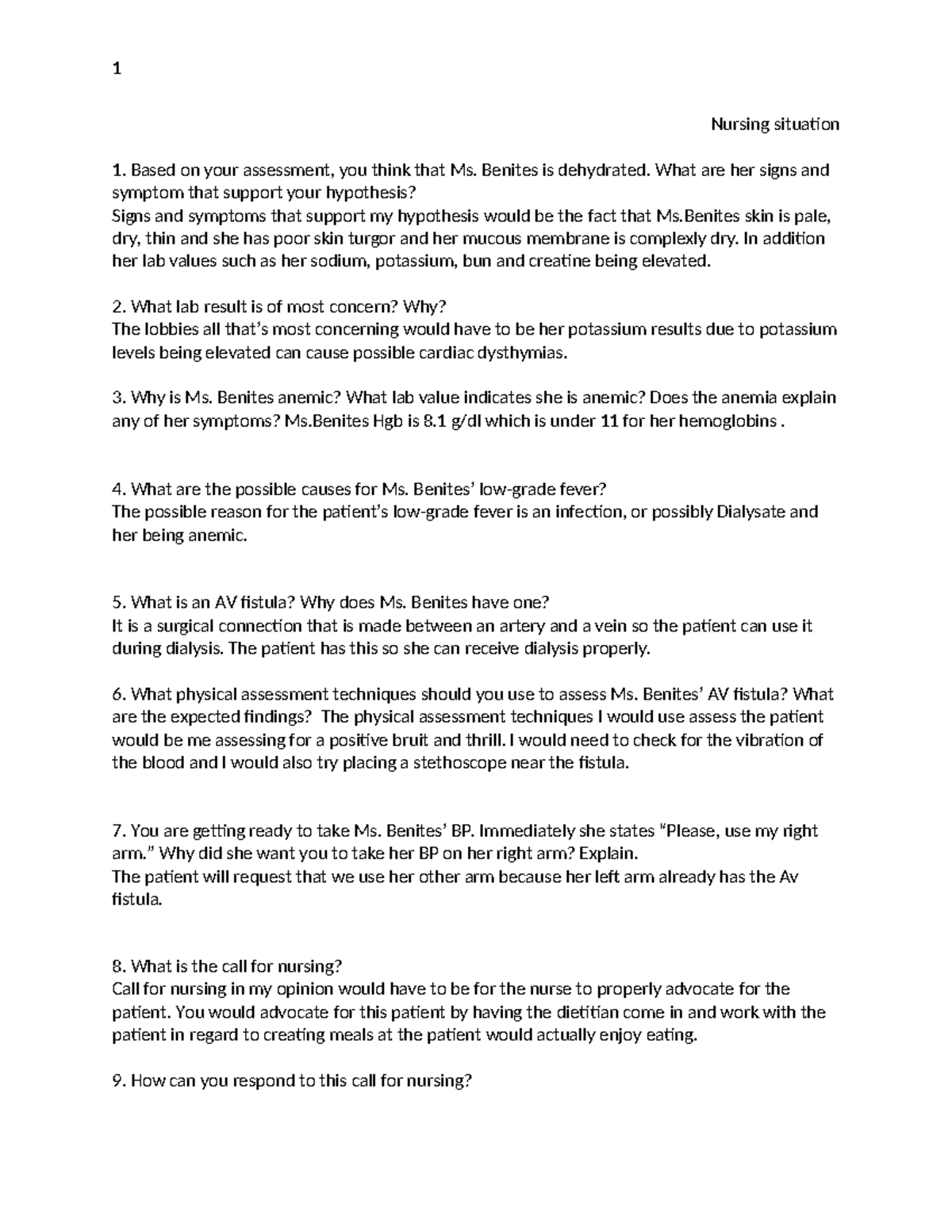 ESRD Nursing Situation student version - 1 Nursing situation Based on ...