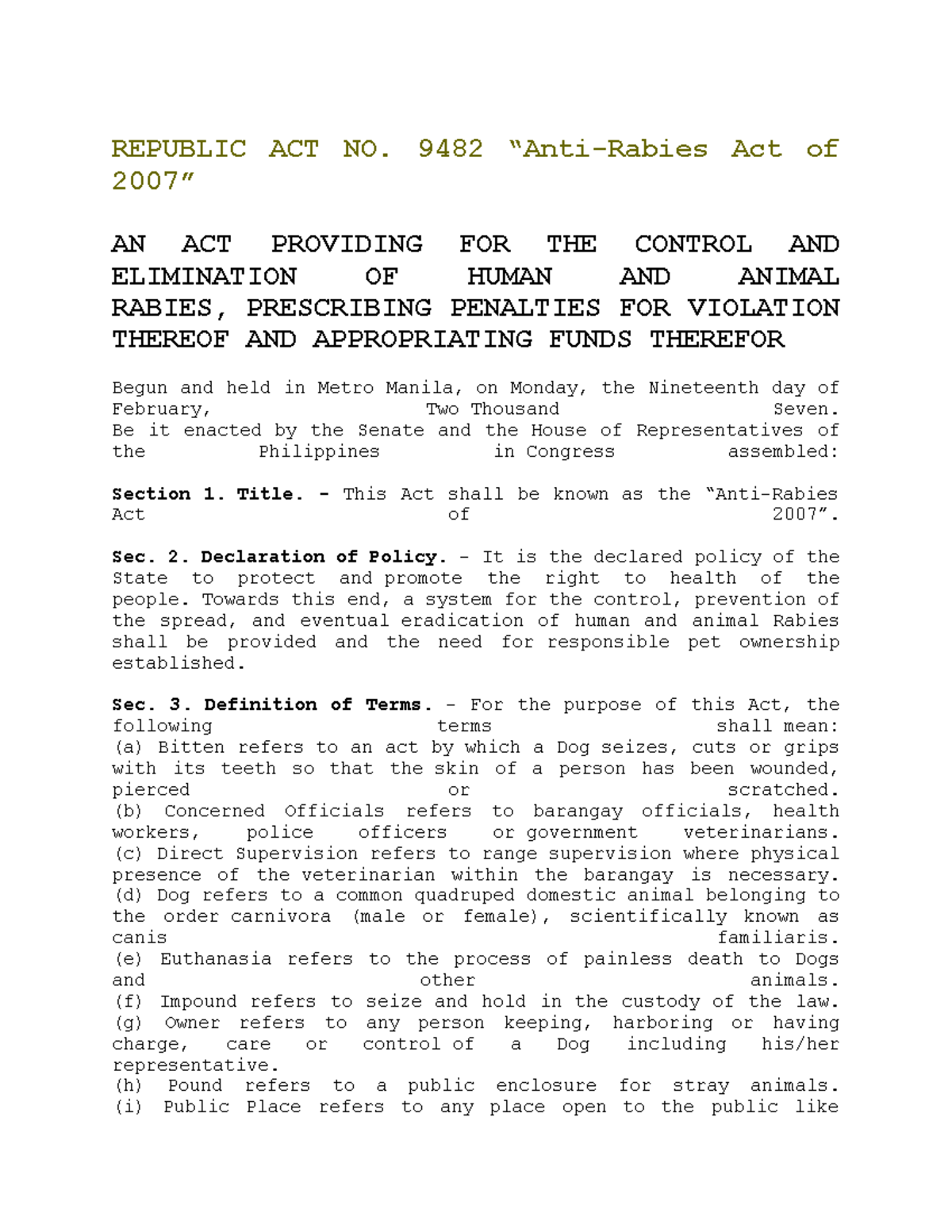 RA 9482 Anti Rabbies Act of 1997 - REPUBLIC ACT NO. 9482 “Anti-Rabies ...