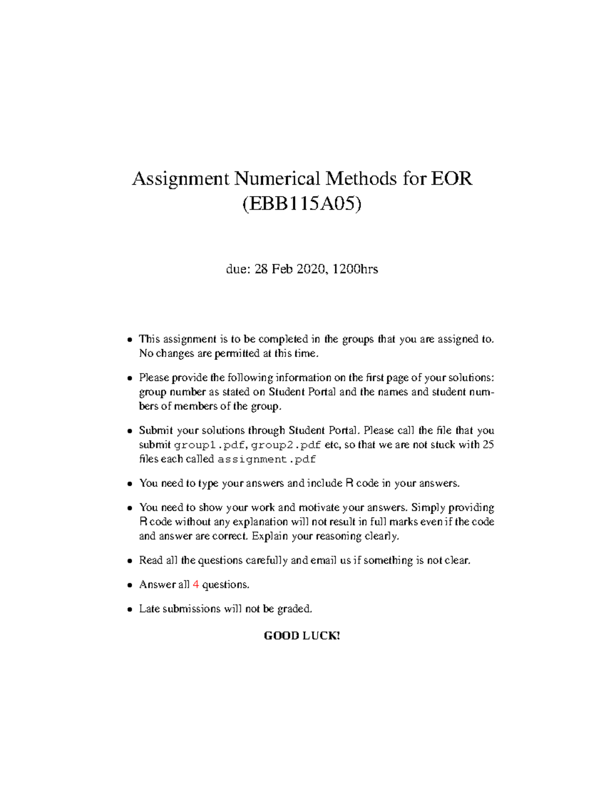 Assignment Numerical Methods For Eor Questions Assignment Numerical
