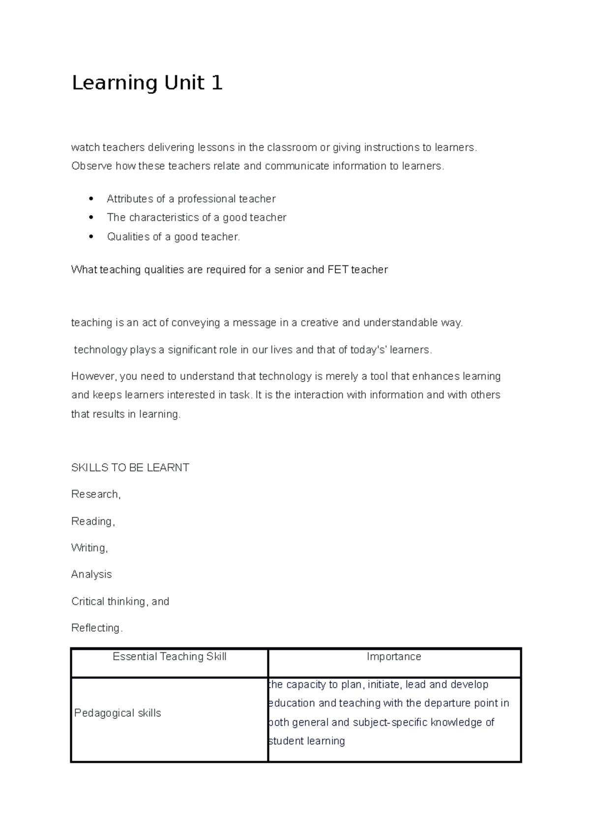 Assignment 1 & 2 - Notes - Summary of Learning activities - Learning ...