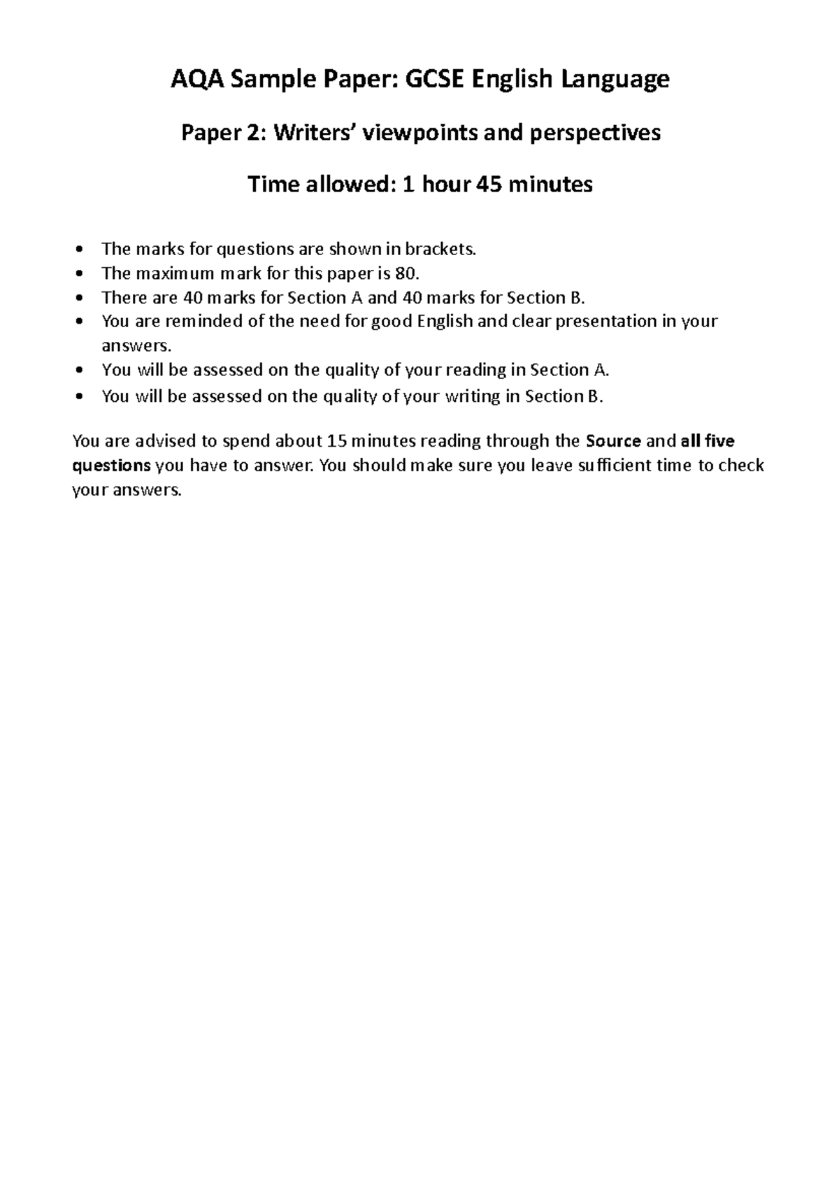 AQA English Language Sample Paper 2b - AQA Sample Paper: GCSE English ...