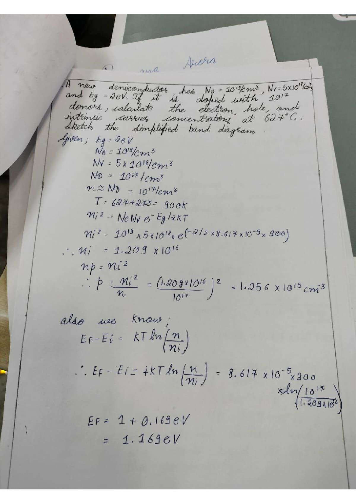solid state assignment 1 - Arora and A new deniconductor has No and Eg 2ev. If it is doped with ...