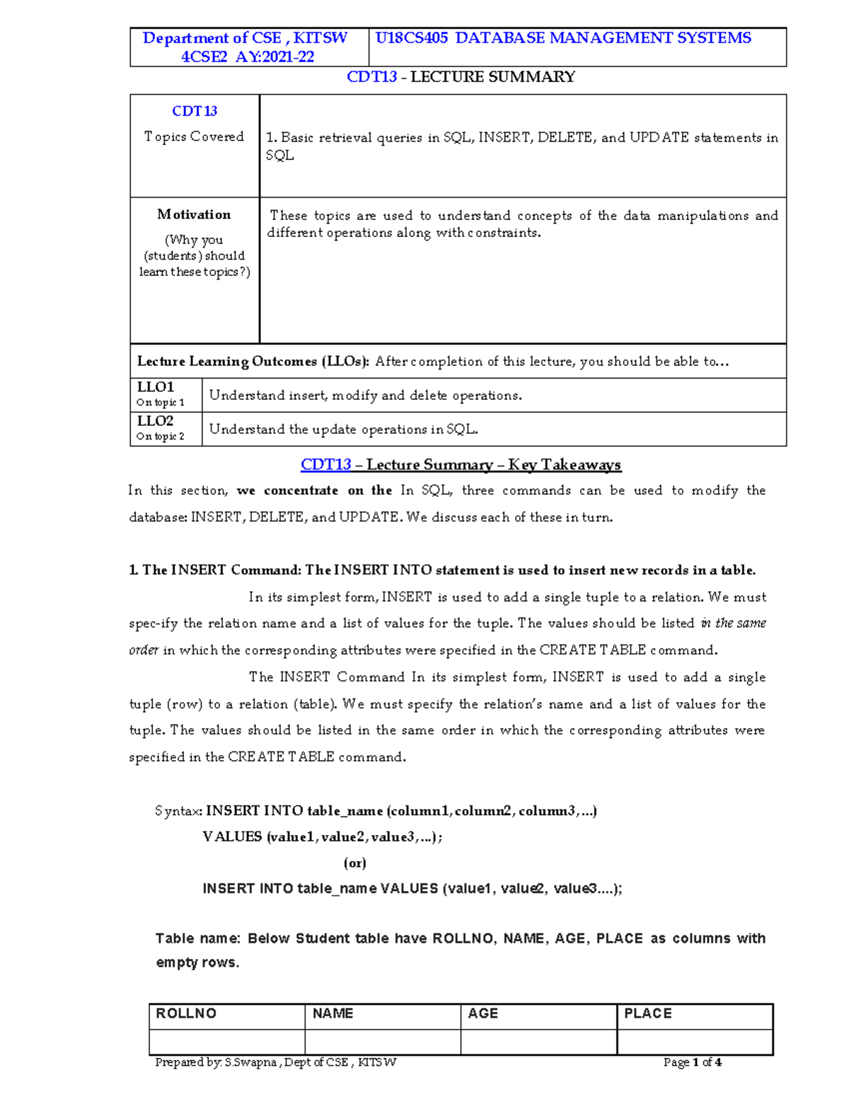Dbms Cdt13 Summary 4cse2 Ss 2021 22 4cse2 Ay2021 Cdt13 Lecture Summary Cdt Topics Covered