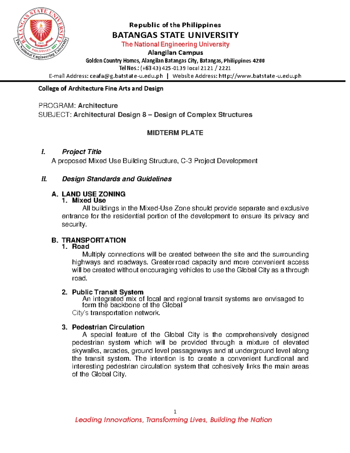 Midterm- Plate-1 - naergrtgrthtuju - BATANGAS STATE UNIVERSIT Y The National Engineering ...