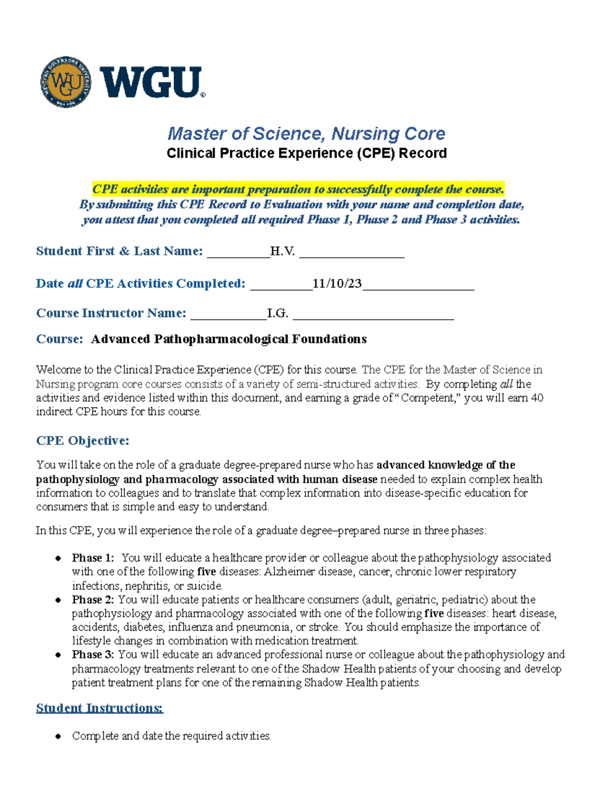 CPE Record - Master of Science, Nursing Core Clinical Practice ...