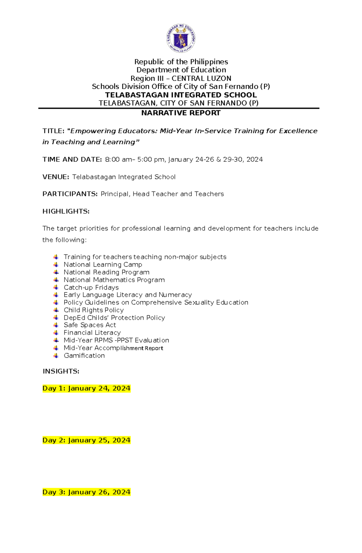 Narrative- Report- Inset template - Republic of the Philippines ...