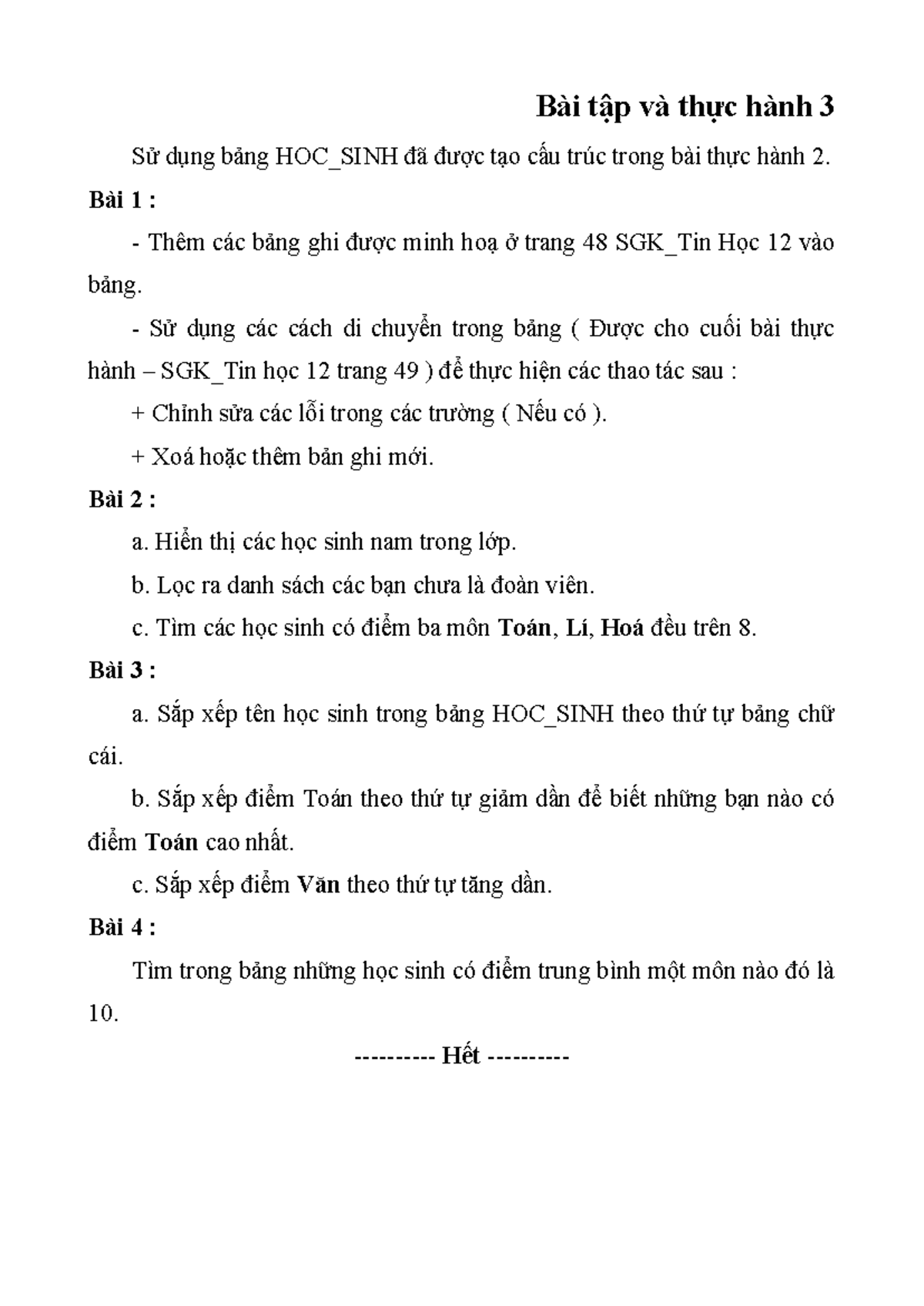 3 BT TH So 3 - ggfggh - Bài tập và thực hành 3 Sử dụng bảng HOC_SINH đã ...