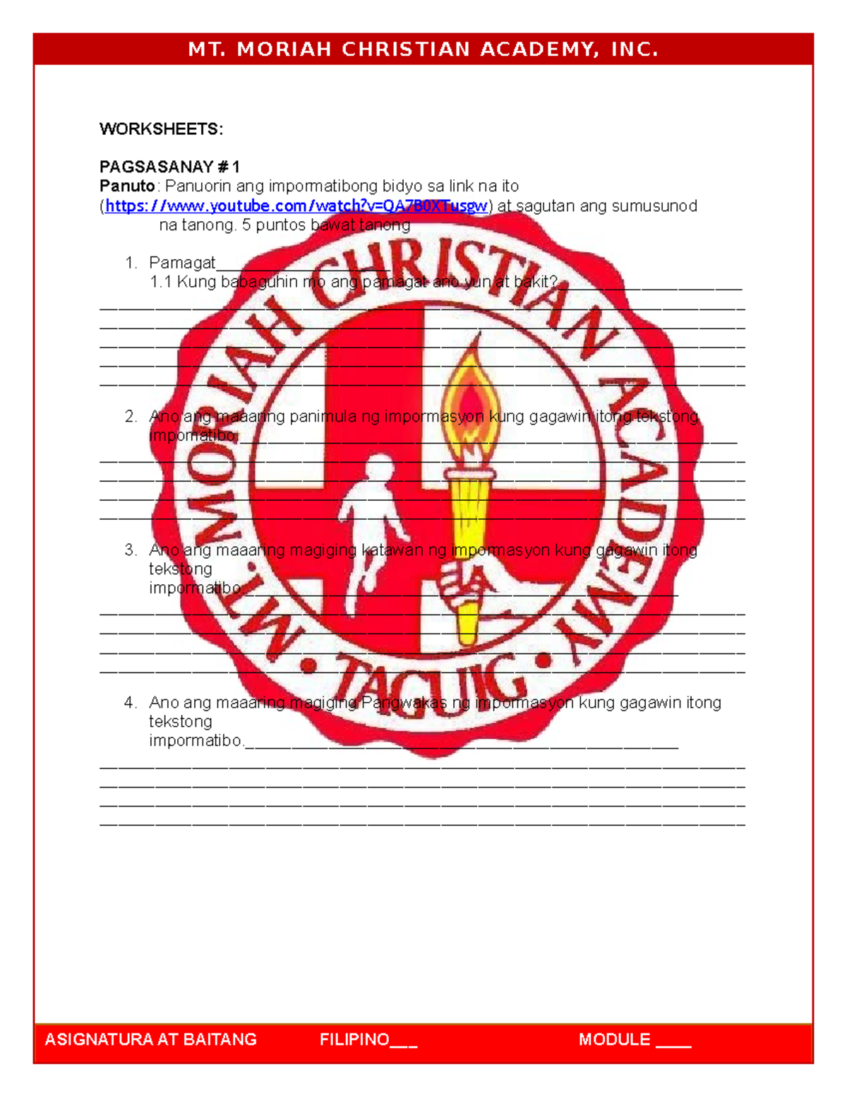 1 Pagsasanay sa Pagbasa at Pagsusuri - WORKSHEETS: PAGSASANAY # 1 ...