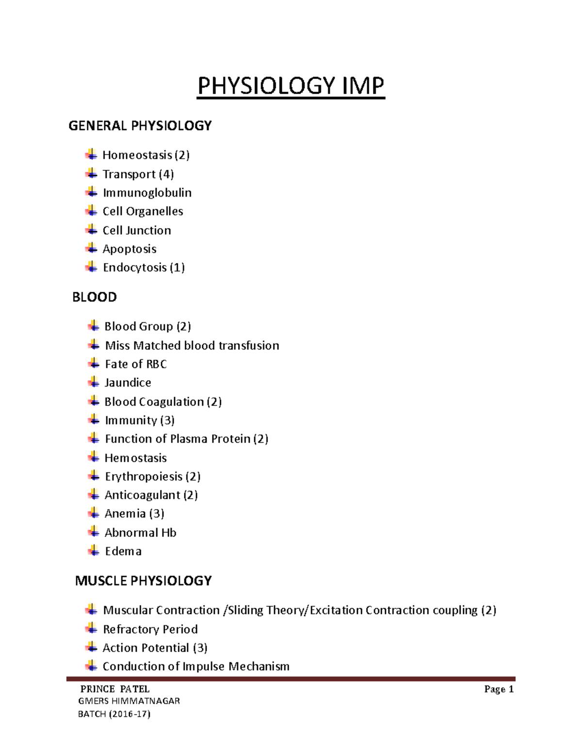Physiology IMP Amity university - PRINCE PATEL Page 1 GMERS HIMMATNAGAR PHYSIOLOGY IMP GENERAL ...