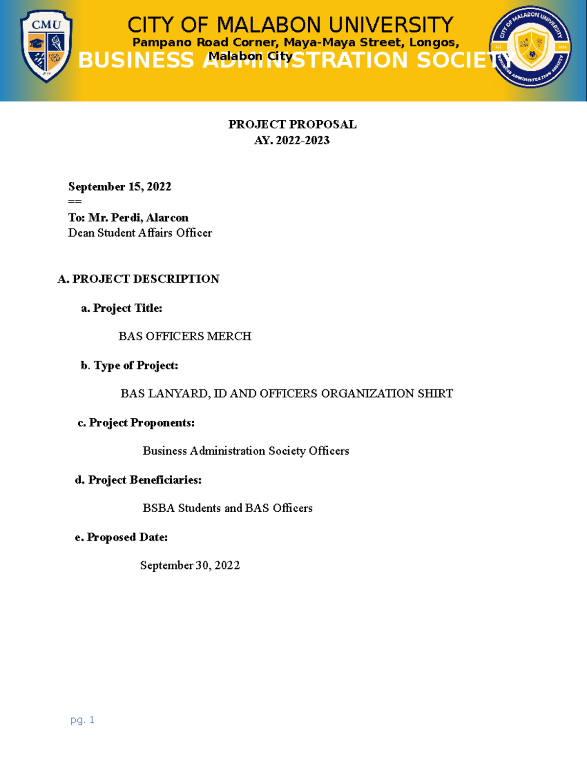 BAS- Officers Merch- Proposal - PROJECT PROPOSAL AY. 2022- **September ...