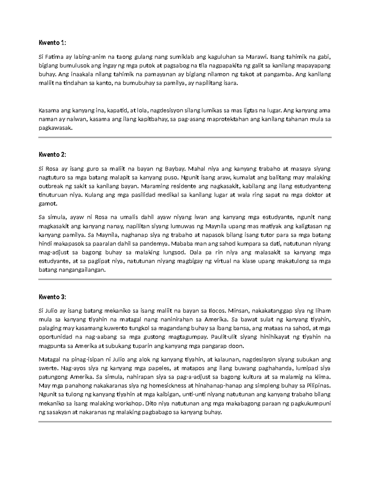 Kwento 1 - Stories - Kwento 1: Si Fatima ay labing-anim na taong gulang ...