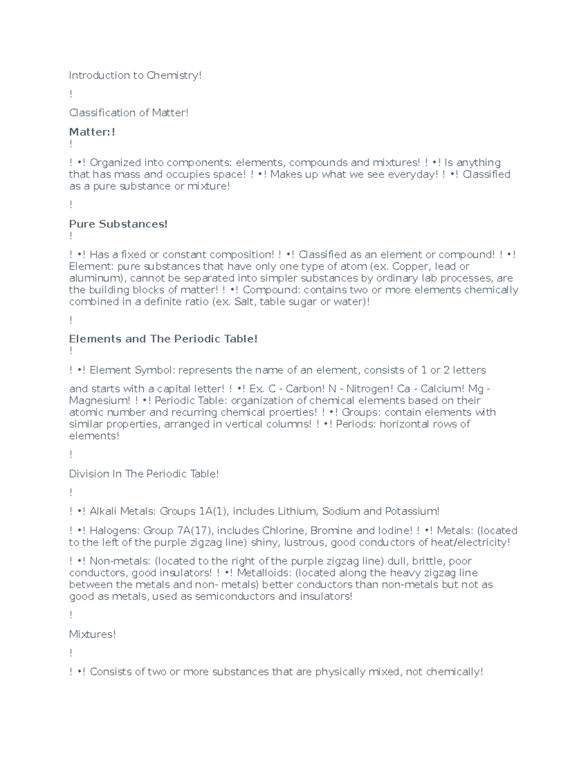 Chem notes - Introduction to Chemistry! ! Classification of Matter ...
