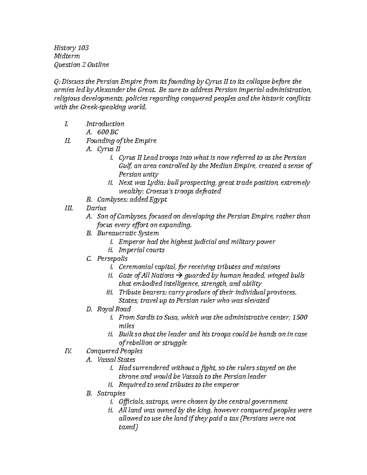 Hist103 Midterm Outline 2 - History 103 Midterm Question 2 Outline Q ...