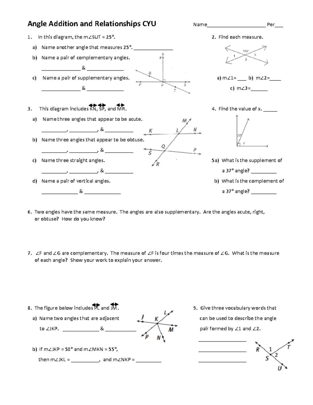Angle Addition and Relationships CYU - 2. Find each measure. a) Name ...