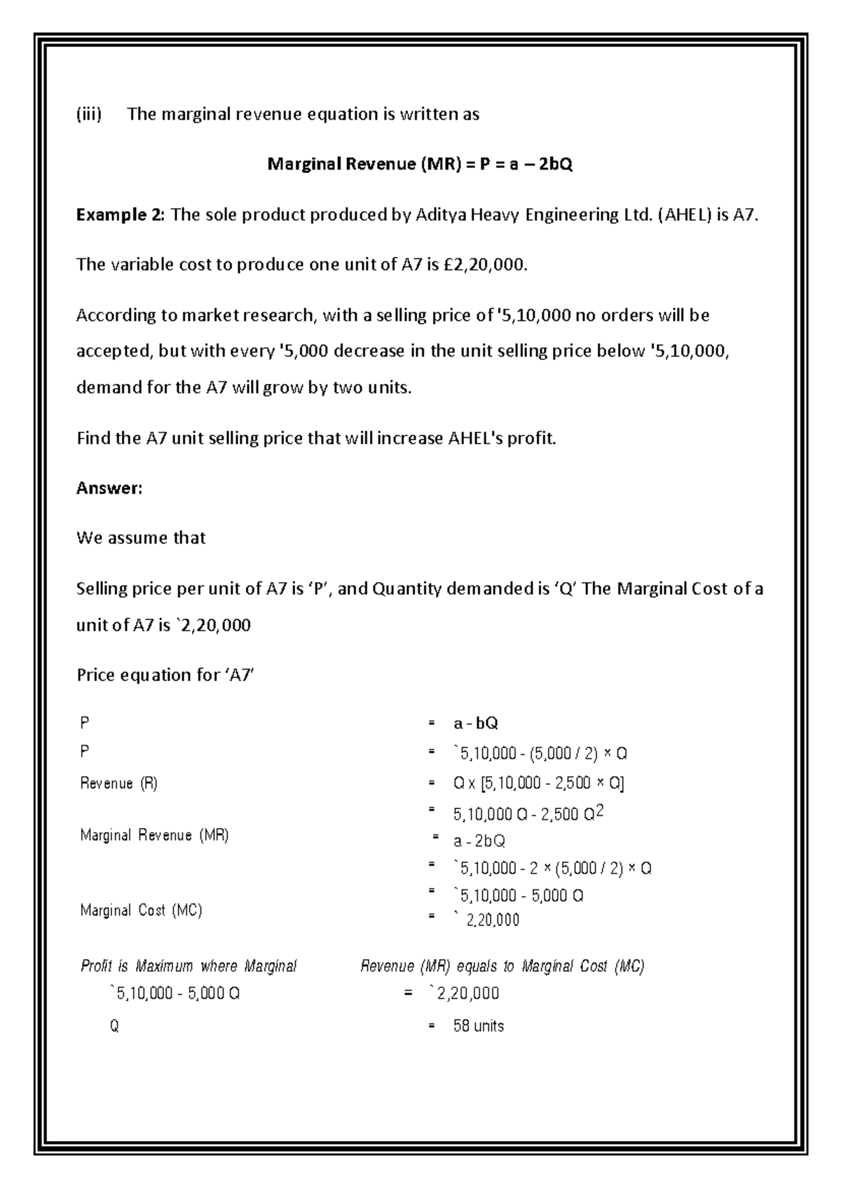 Pricing Model - (iii) The marginal revenue equation is written as ...