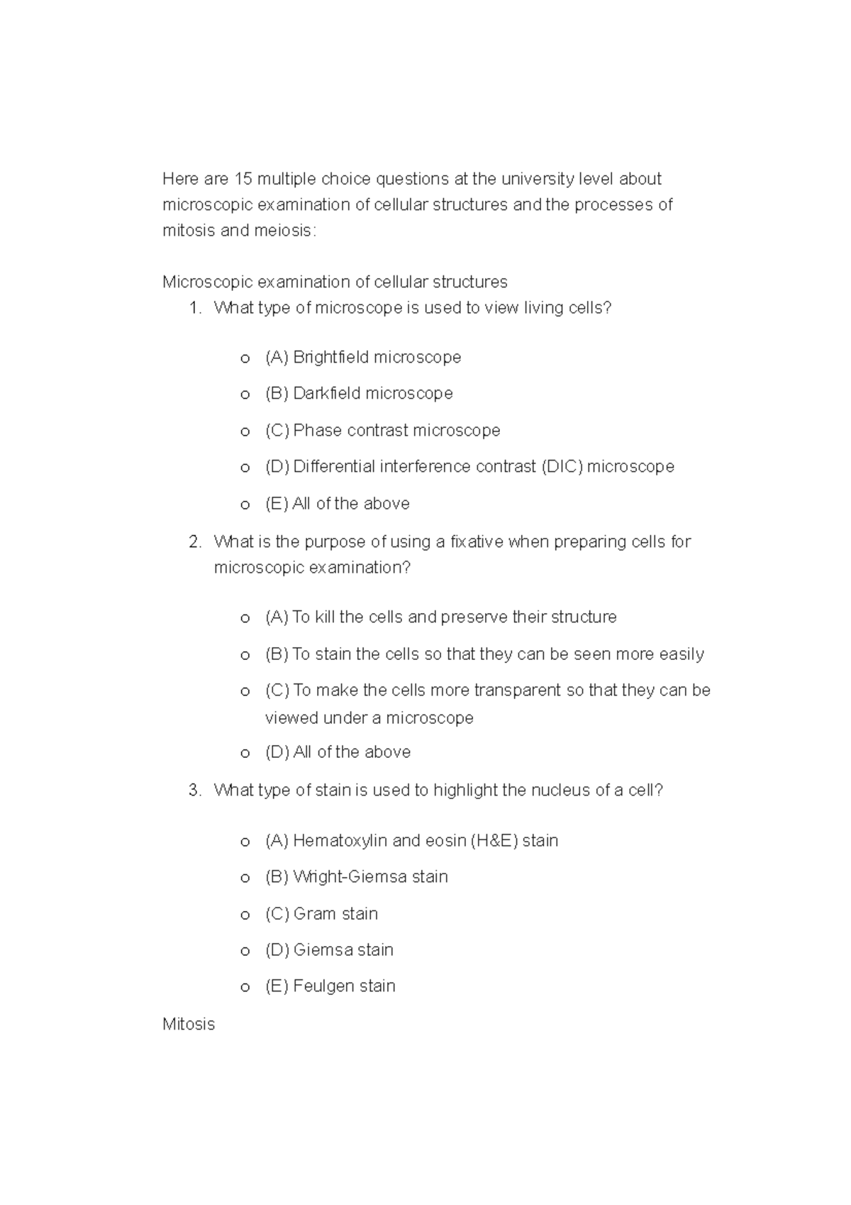 Here are 15 multiple choice questions at the university level about ...