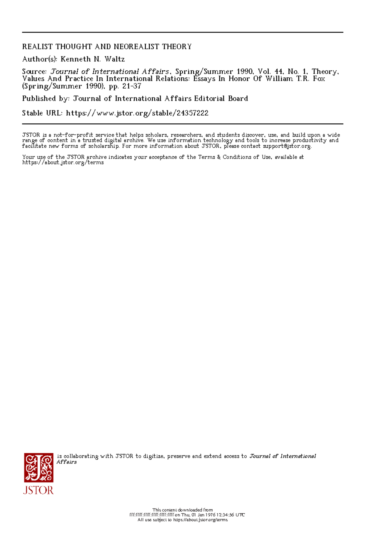 29. Kenneth N. Waltz Realist Thought and Neorealist Theory - REALIST ...