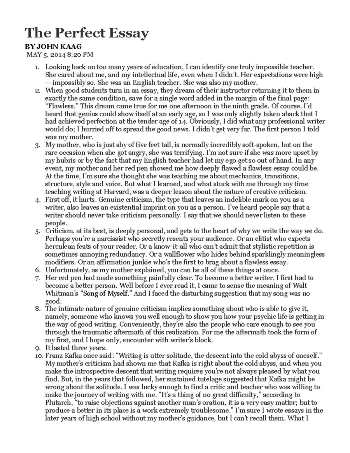 1 The Perfect Essay and Qs - The Perfect Essay BY JOHN KAAG MAY 5, 2014 ...