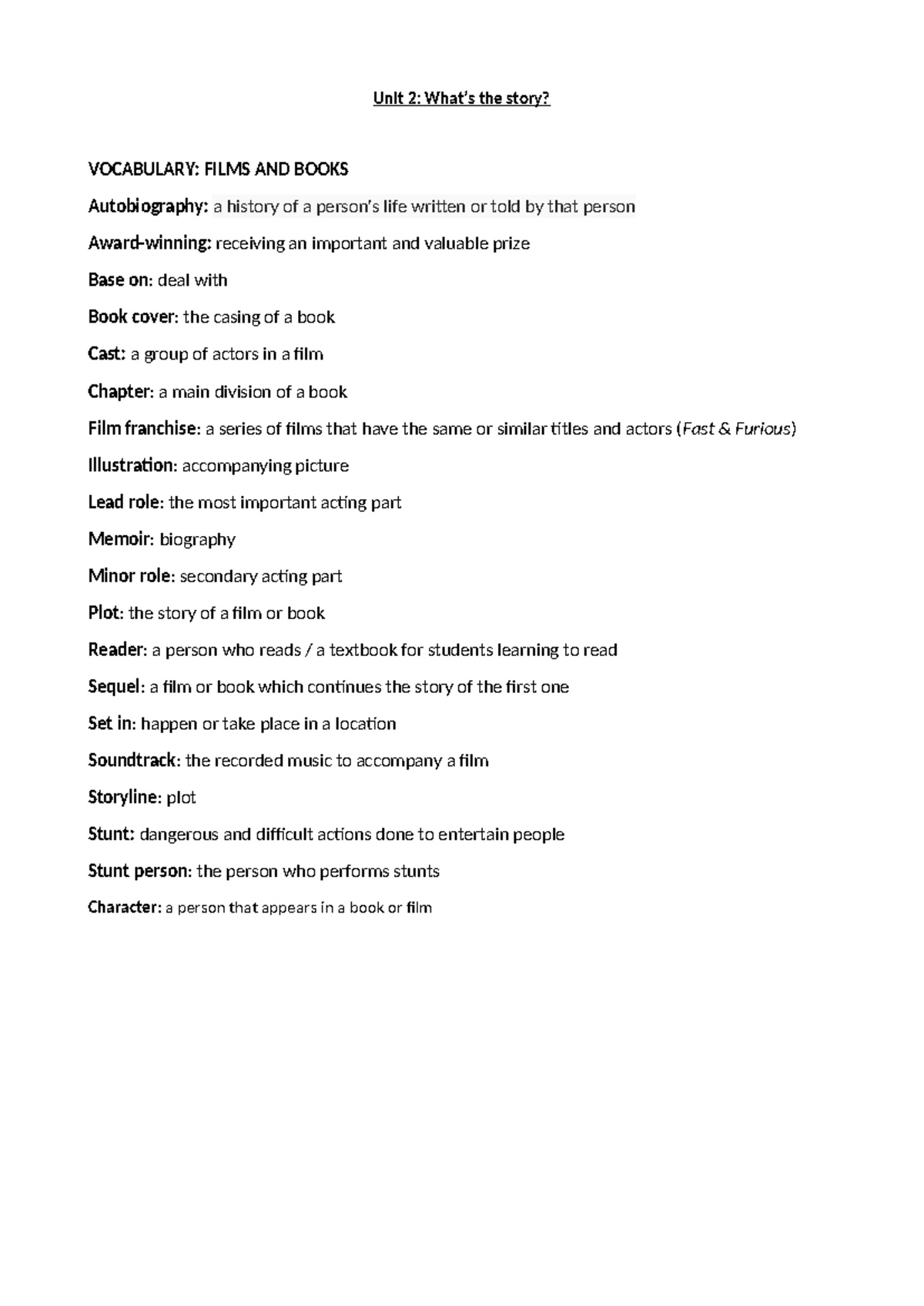 Vocabulary Unit 2 Films and Books - Unit 2: What’s the story ...