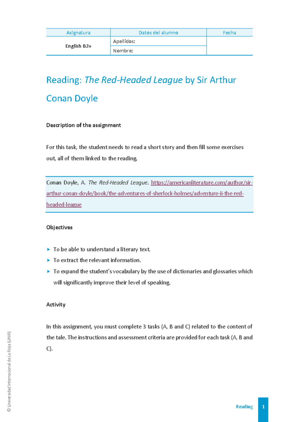 Reading: The Red-Headed League by Sir Arthur Conan Doyle - English B2 ...