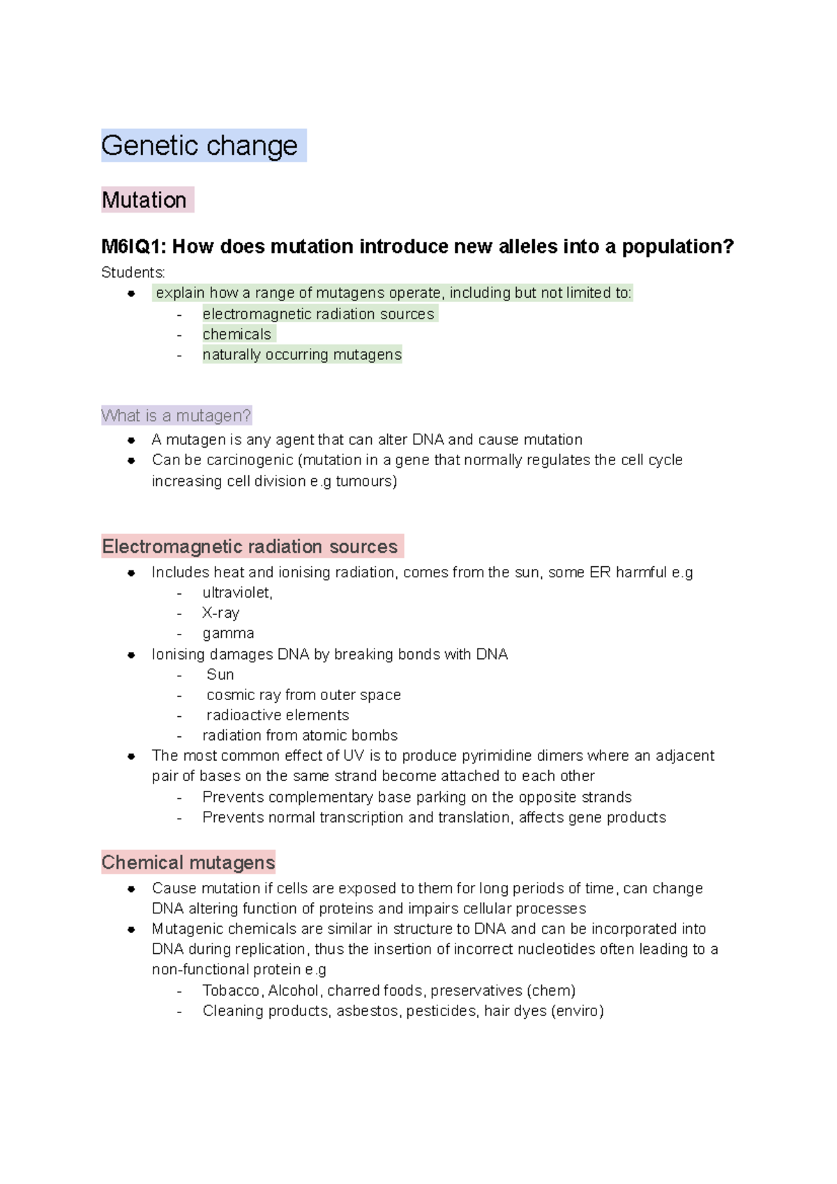 Module 6 Genetic change - Genetic change Mutation M6IQ1: How does ...