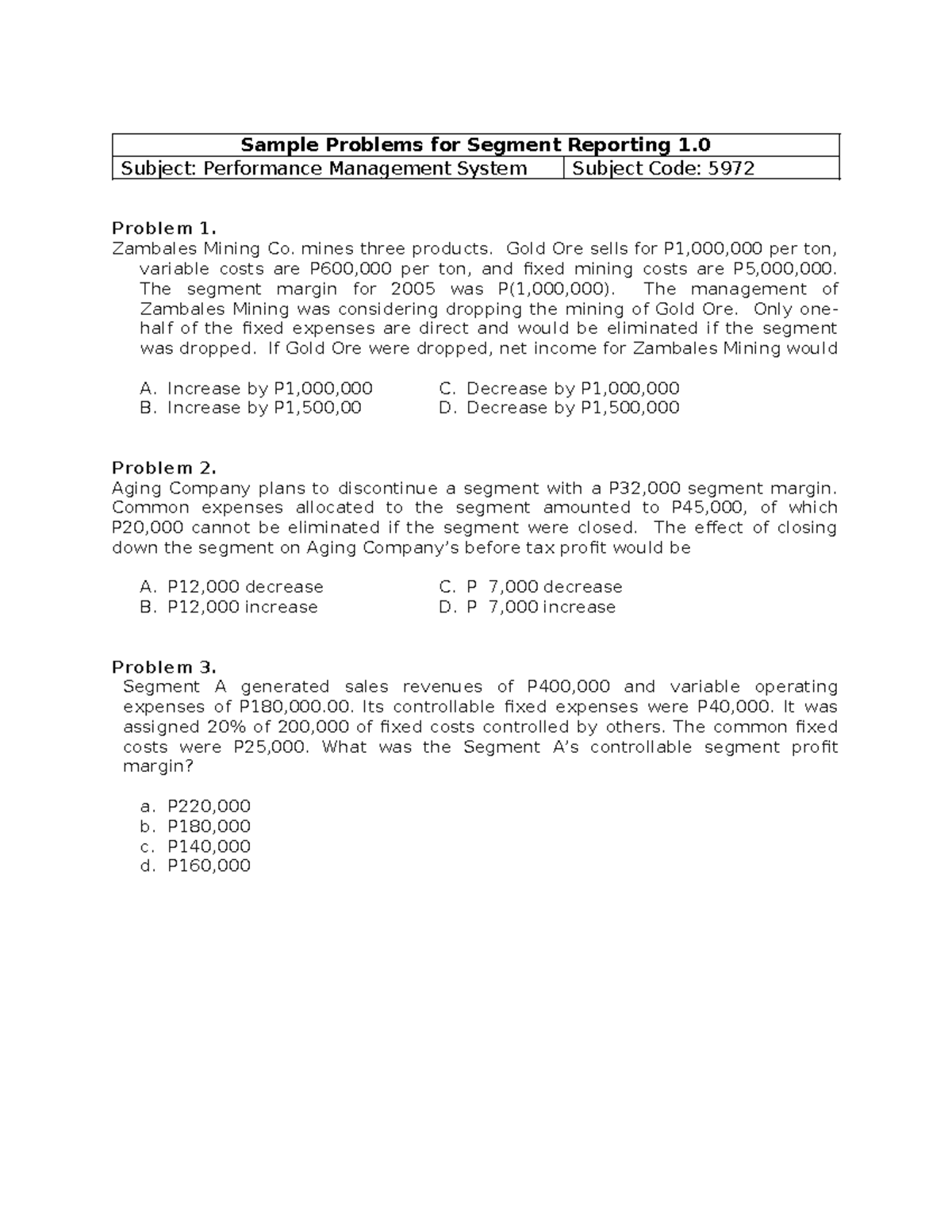 Sample Problems for Segment Reporting - Subject: Performance Management ...