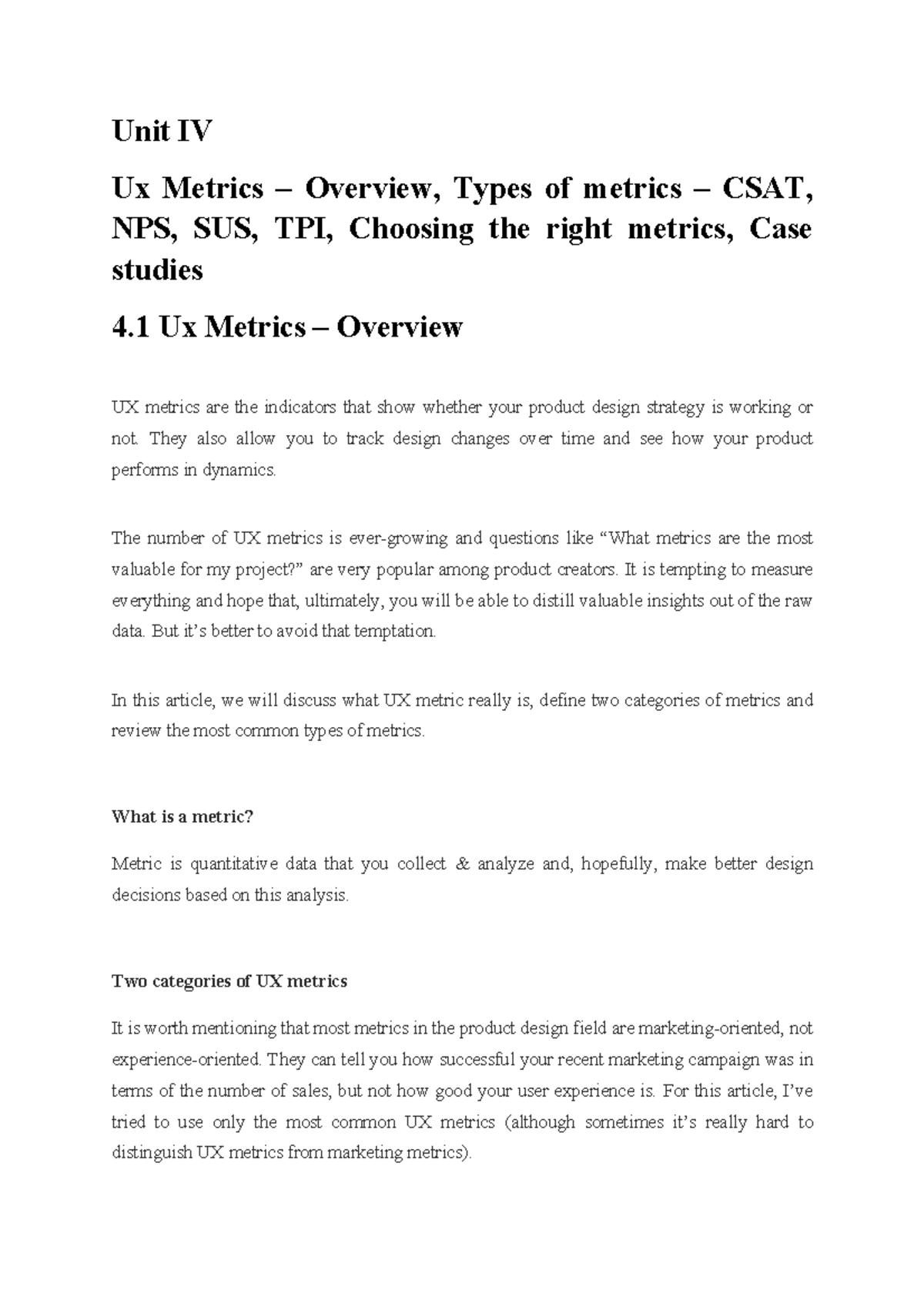 Hci unit 4 last half - Summary Internet programming - Unit IV Ux Metrics – Overview, Types of ...